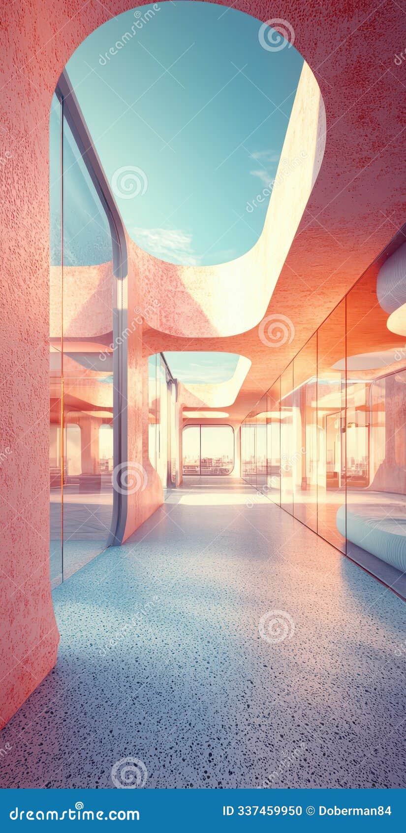 3D Rendering of a Modern Architectural Corridor with Glass Walls and ...