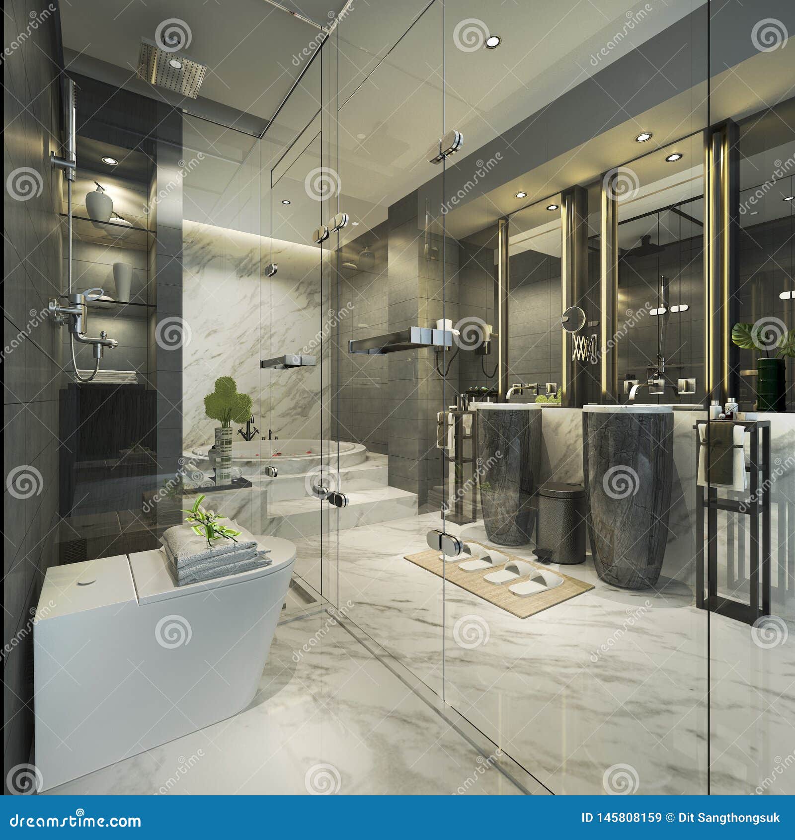 3d Rendering Modern Bathroom with Luxury Tile Decor Stock Illustration ...