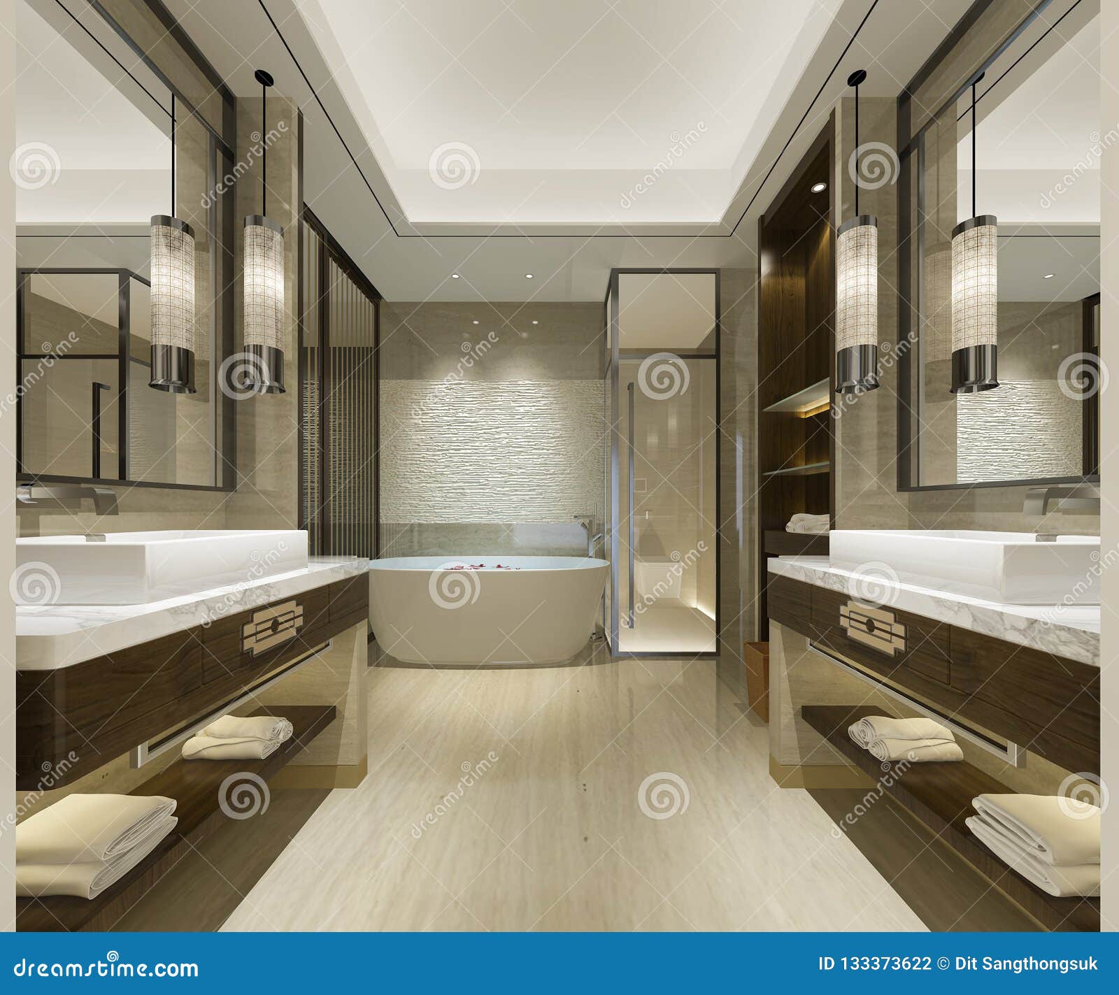 3d Rendering Modern Bathroom with Luxury Tile Decor Stock Illustration ...