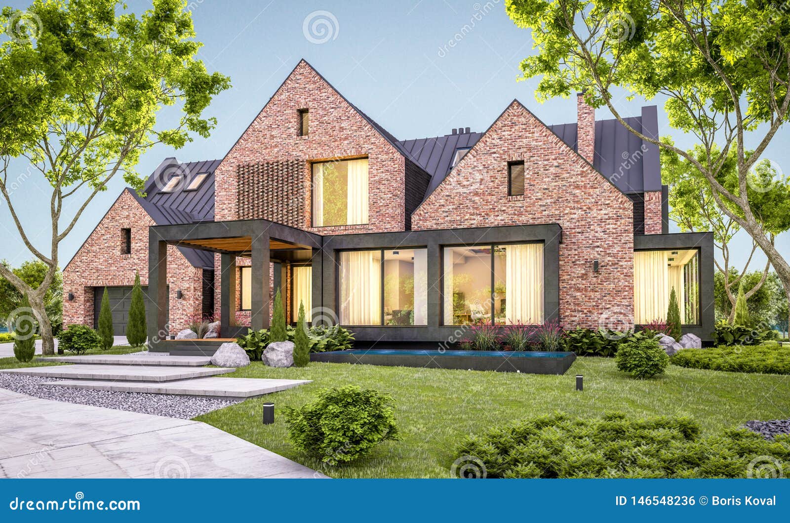 3d Rendering of Modern Clinker House on the Ponds with Pool in Evening ...