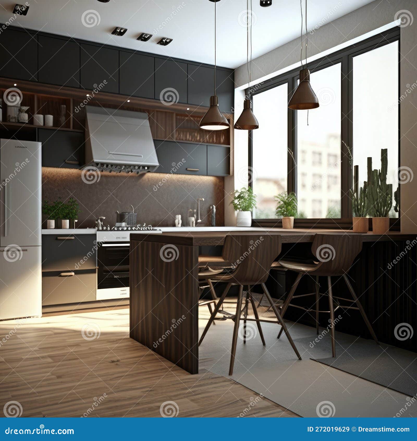 3d Rendering Modern Dark Wood Kitchen Generative AI Stock Illustration ...