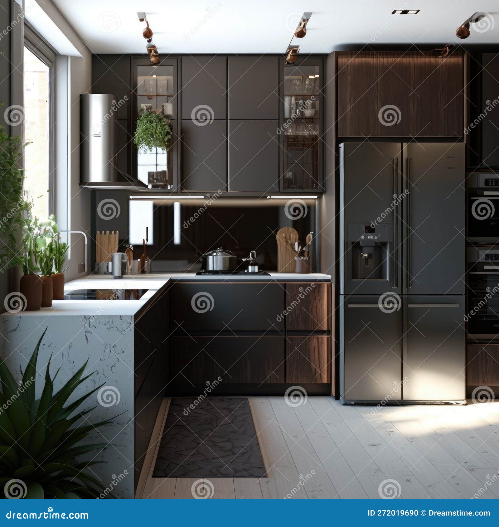 3d Rendering Modern Dark Wood Kitchen Generative AI Stock Illustration ...