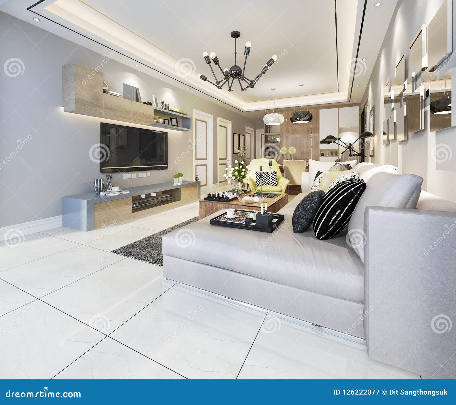 3d Rendering Modern Dining Room and Living Room with Luxury Decor Stock ...