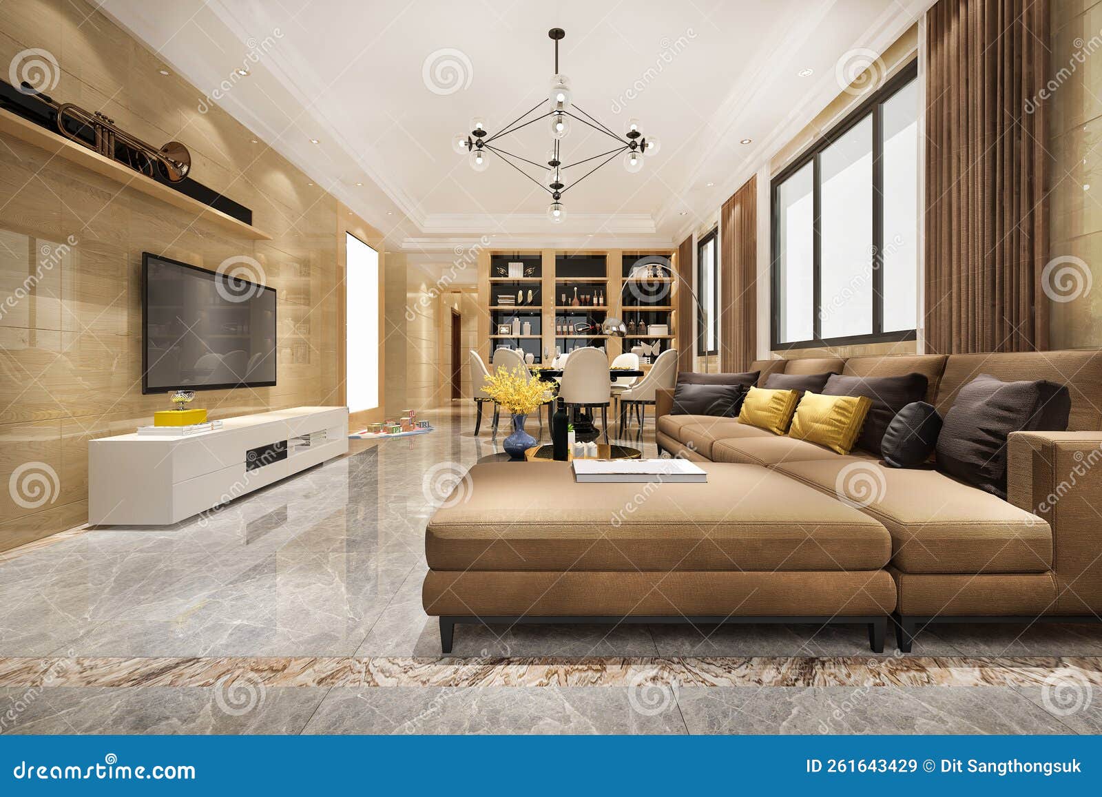 3d Rendering Modern Dining Room and Living Room with Luxury Decor Stock ...