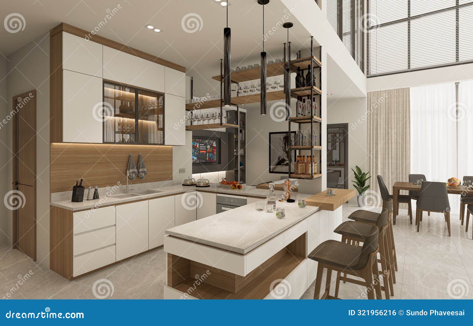3D RENDERING of Modern Home Interior, Living Room, Kitchen and Dining ...