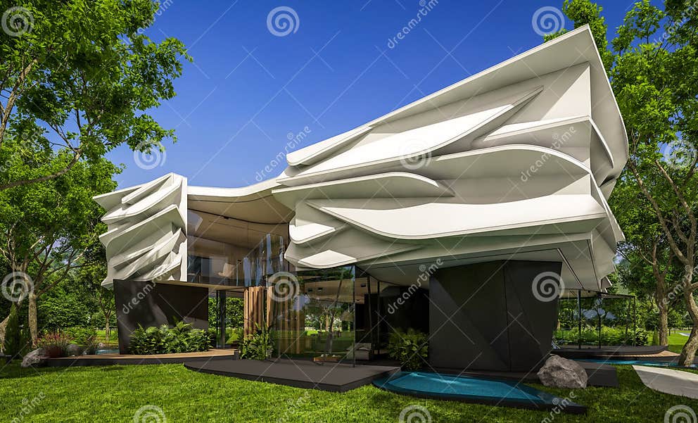 3d Rendering of Modern House with Bionic Natural Curves Plastic Forms ...