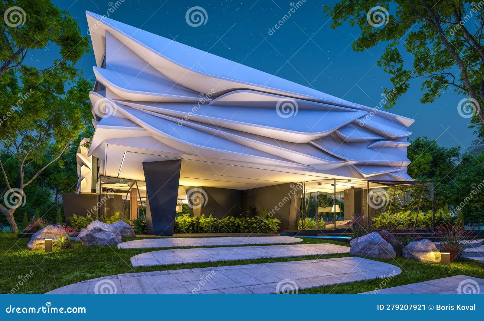 3d Rendering of Modern House with Bionic Natural Curves Plastic Forms in Night Stock ...
