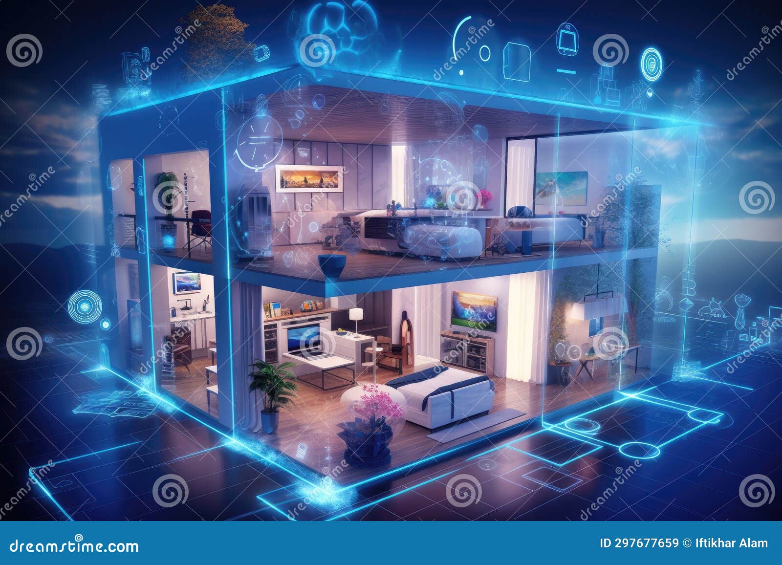 3d Rendering of Modern House with Digital Interface on the Wall, the ...