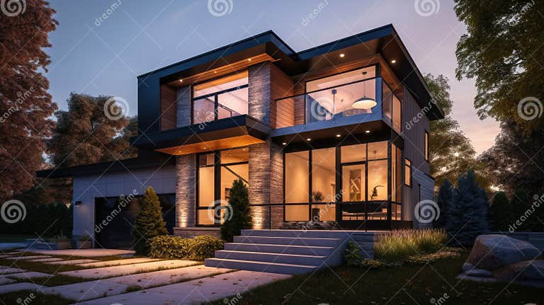 3d Rendering of a Modern House at Dusk Stock Illustration ...