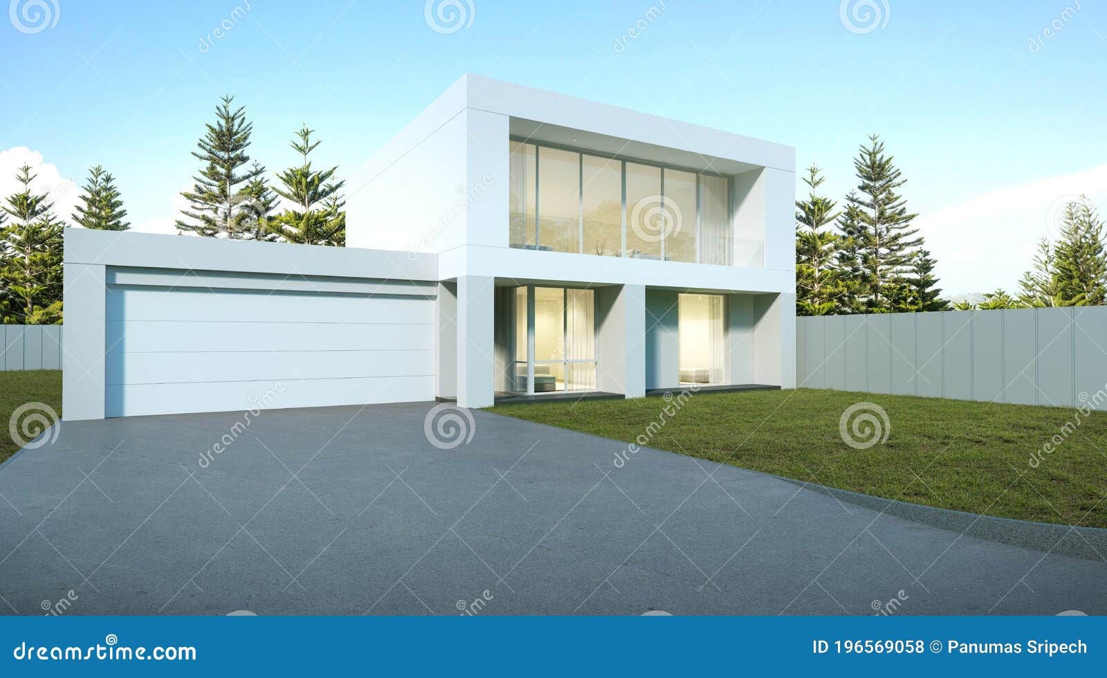 3d Rendering of Modern House with Garage on Tree Background Stock ...
