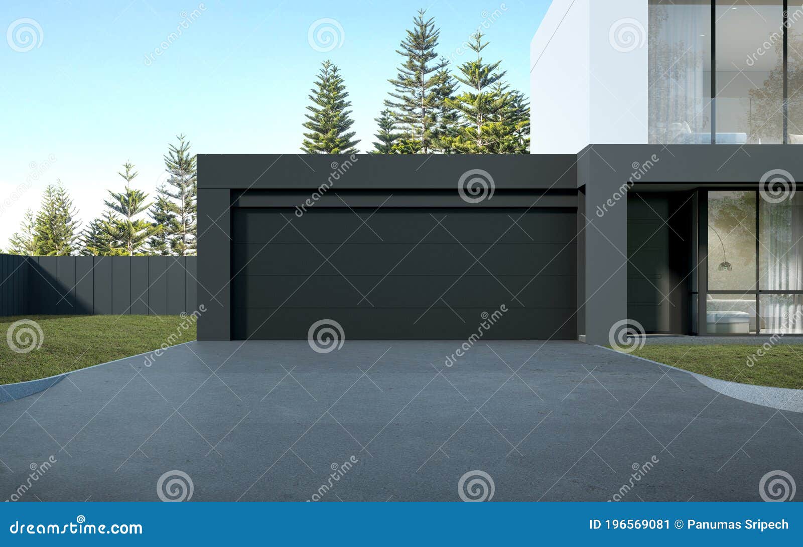 3d Render of Modern House with Garage on Tree Background Stock ...