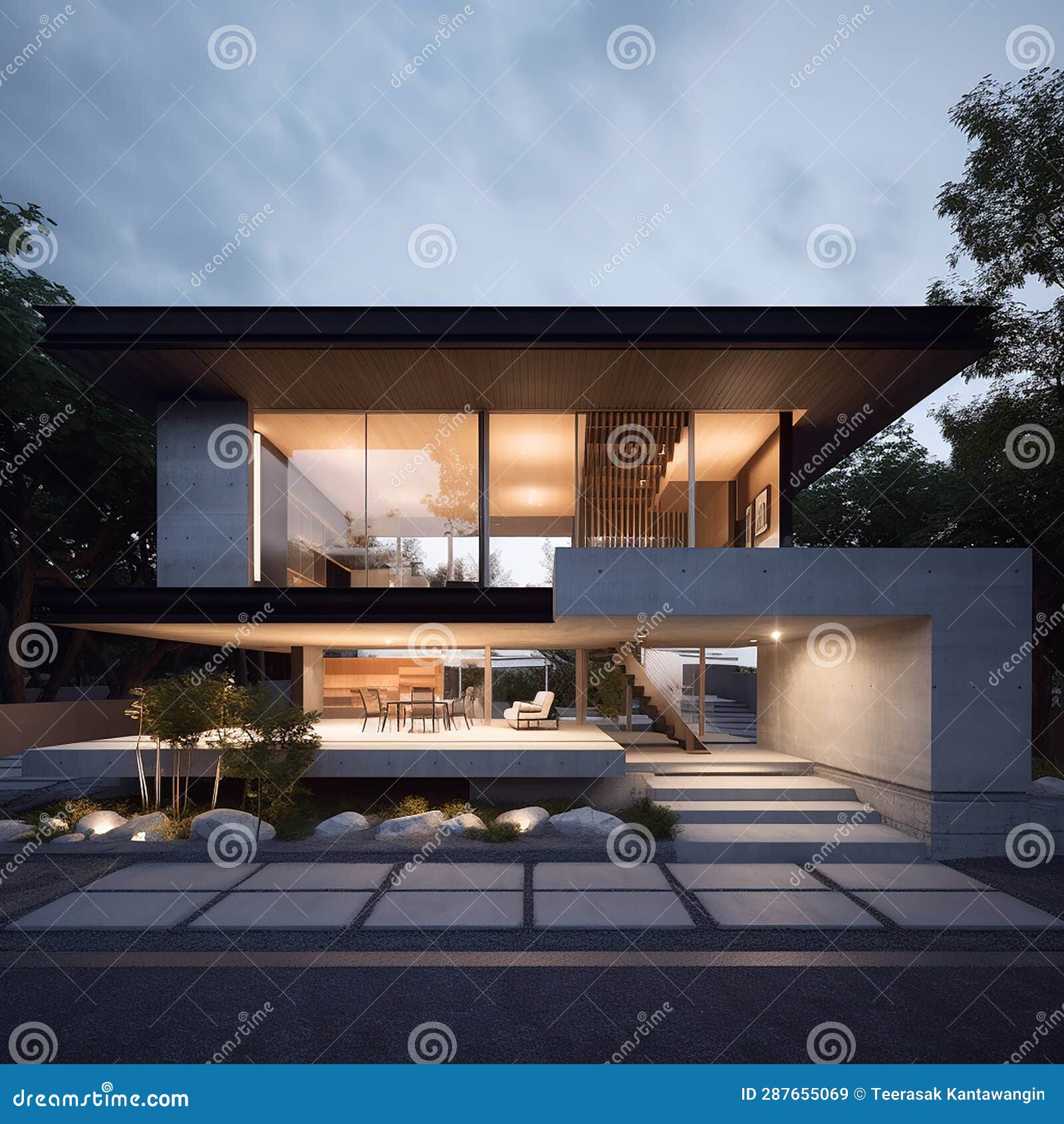 3D Rendering of a Modern House with a Terrace and Garden Stock ...