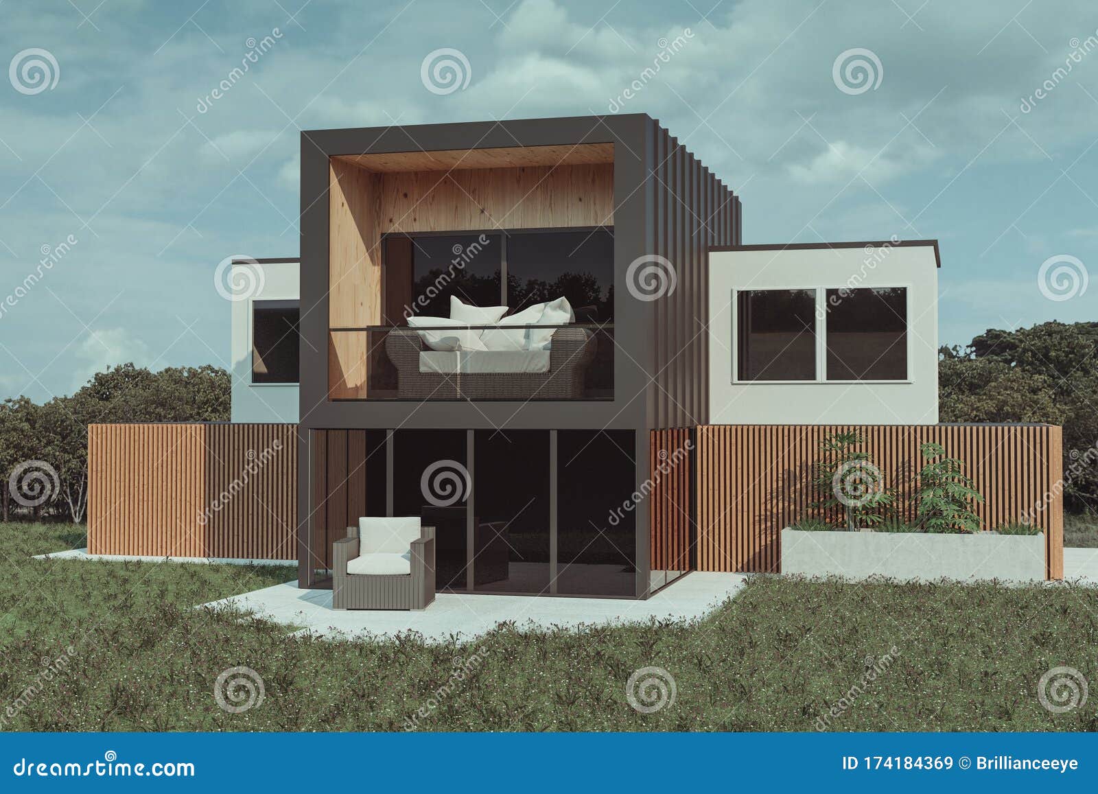 3d Rendering of Modern House with Wooden Slats and Patio Stock ...