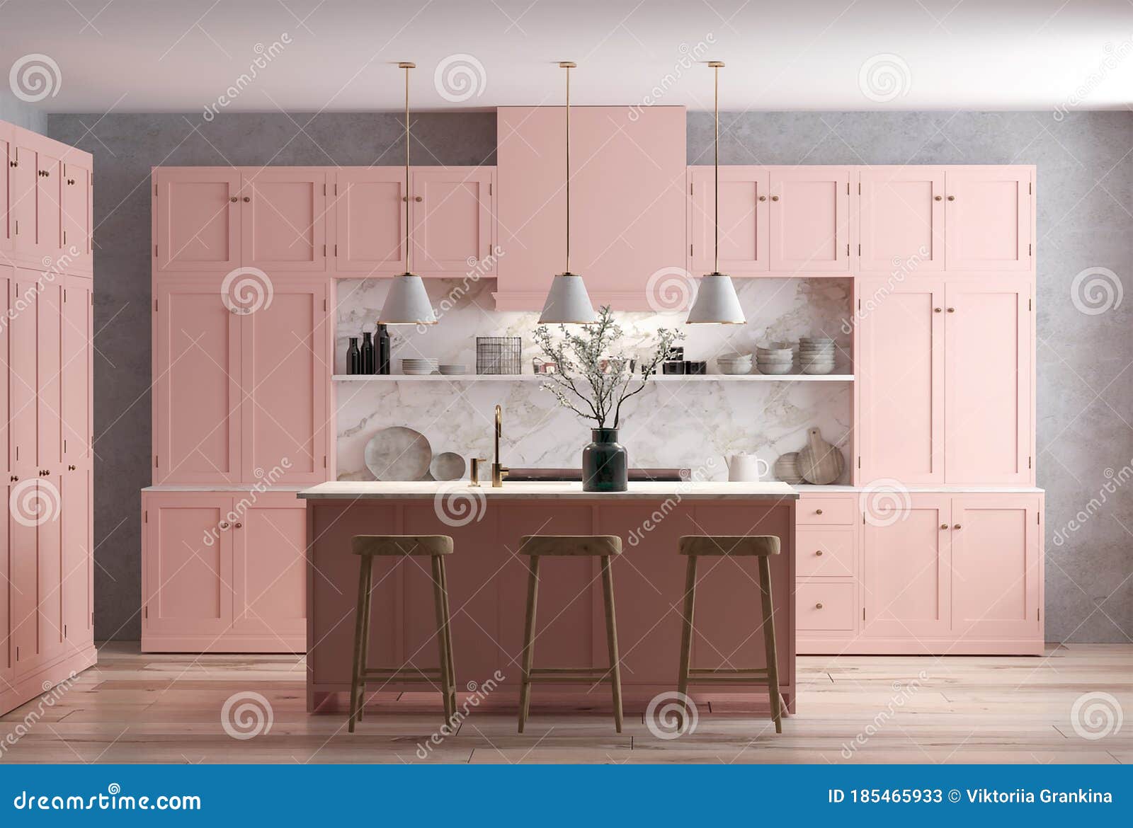 3d Rendering of Modern Kitchen Cabinet in Pink Color Stock Illustration ...