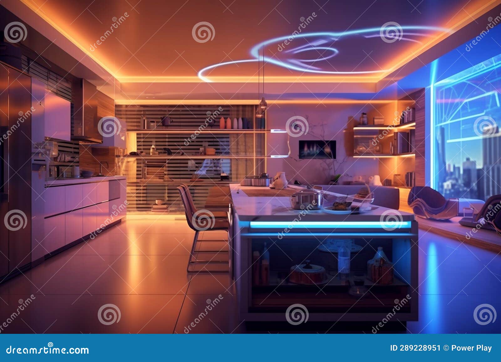 3D Rendering of a Modern Kitchen Interior Design. Neon Night Lighting ...