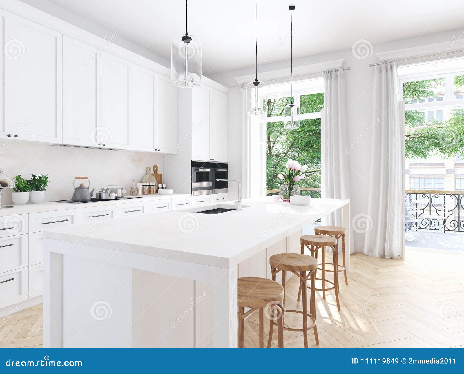 Modern Nordic Kitchen in Loft Apartment. 3D Rendering Stock ...