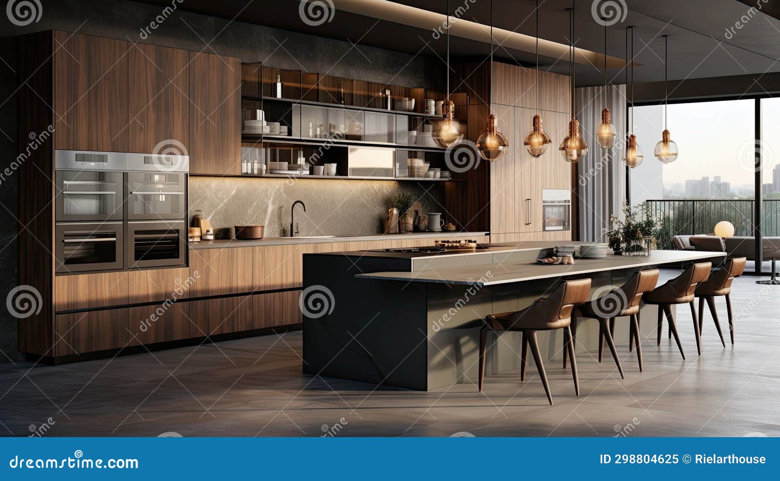 3d Render of Modern Kitchen Interior in a Loft Style and Dark Wood ...