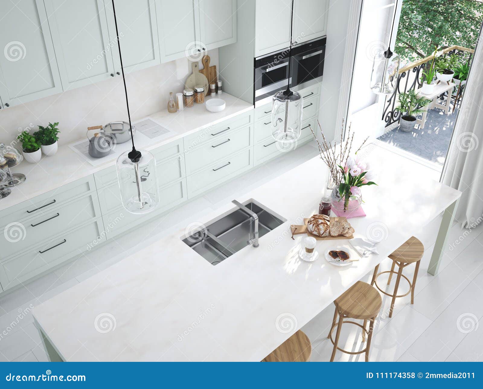 Top View Modern Nordic Kitchen in Loft Apartment. 3D Rendering Stock ...