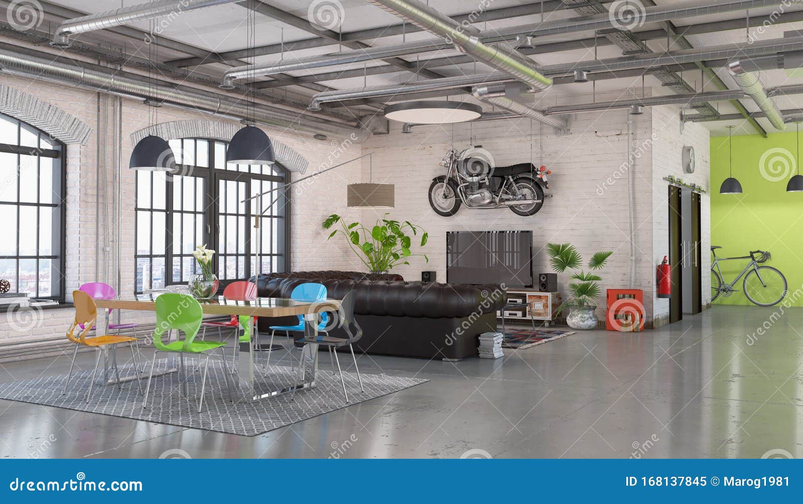 3d Rendering of a Modern Loft - with Large Window Stock Illustration ...