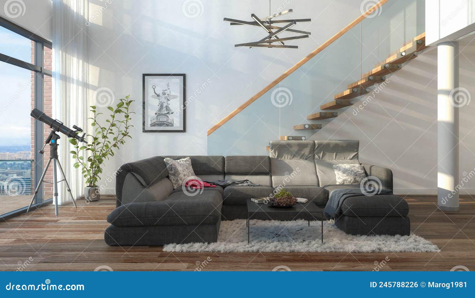3d Rendering of a Modern Loft - with Large Window Stock Illustration ...