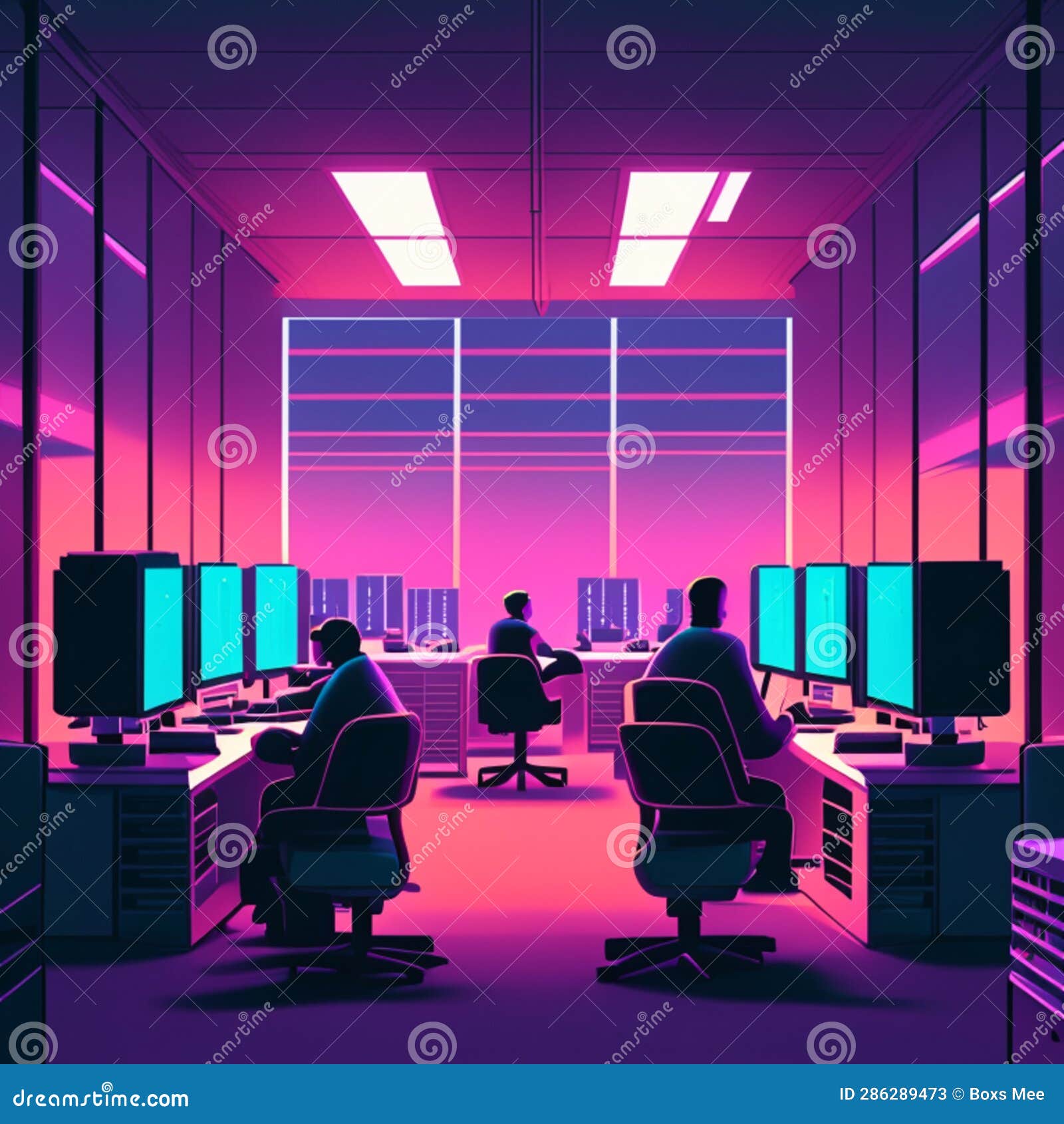 3D Rendering of a Modern Office with Computers and People Silhouettes ...