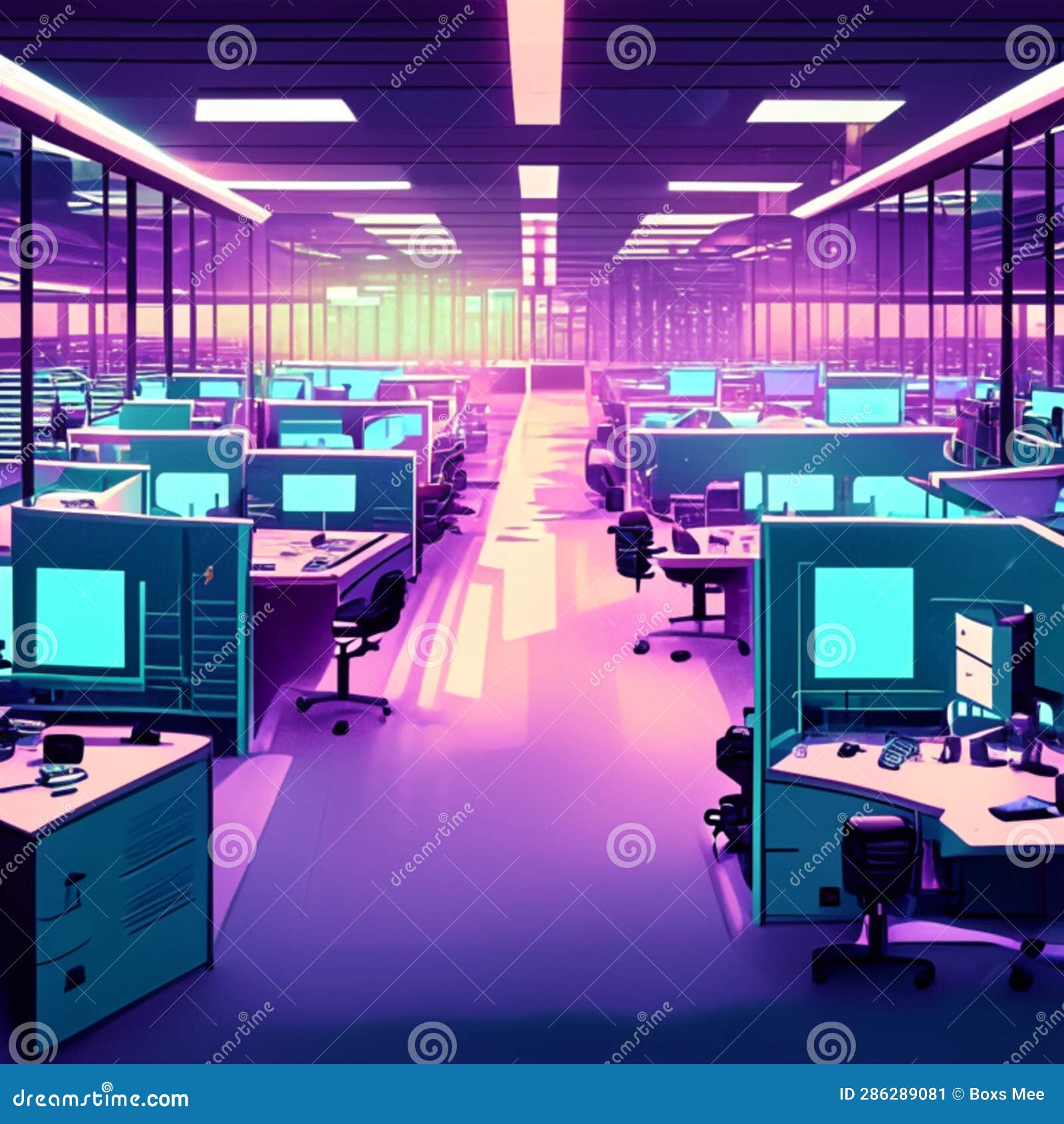 3d Rendering of Modern Office Interior. Computer Room with Lighting ...