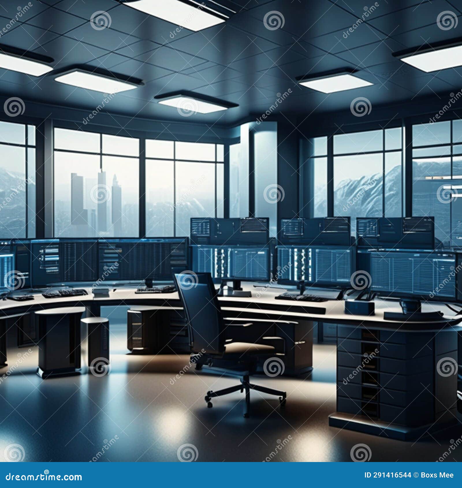 3D Rendering of a Modern Office Interior with Computers and City View ...