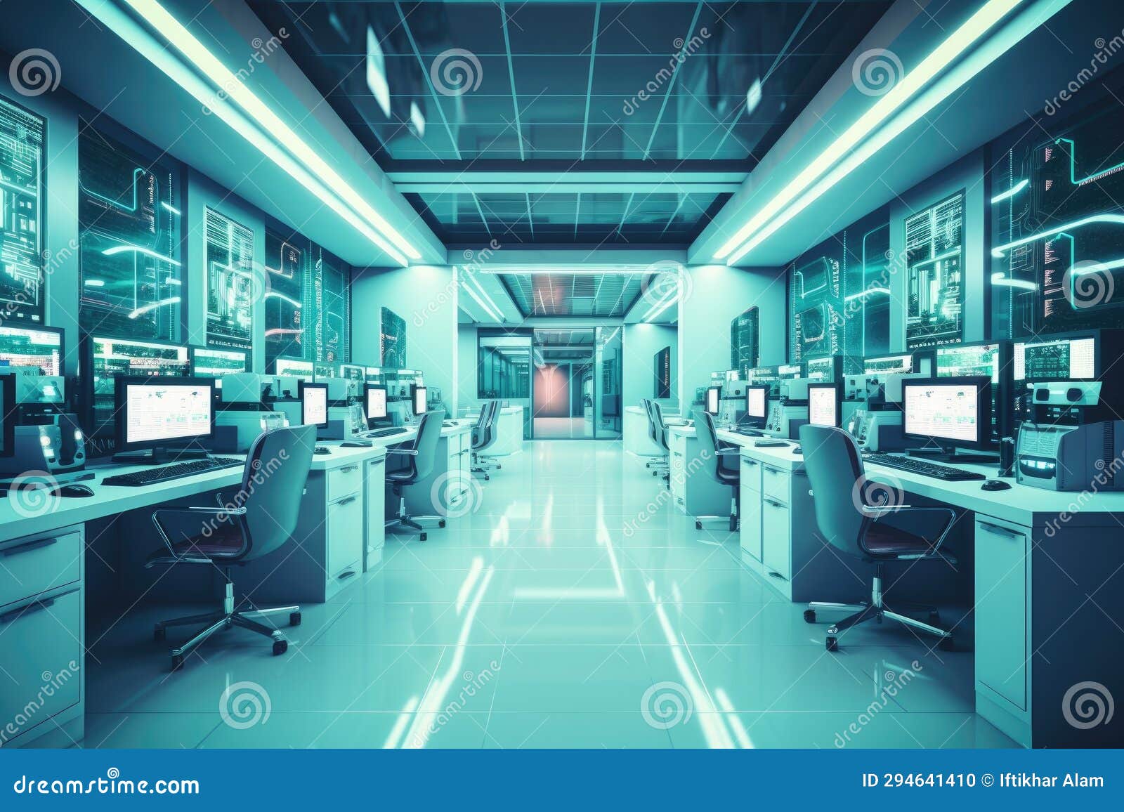 3d Rendering of a Modern Office Interior with Computers and Lights ...