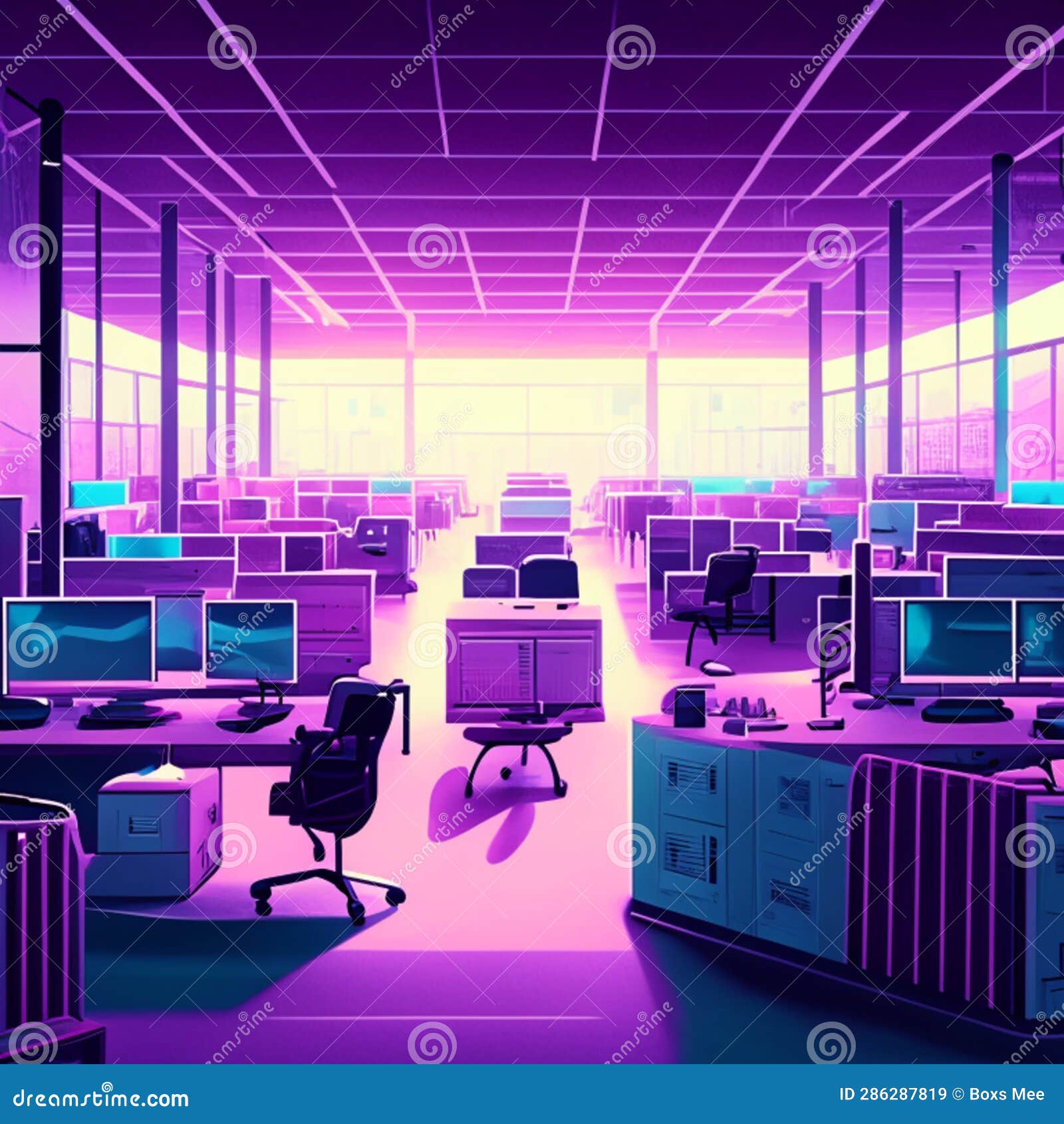 3D Rendering of a Modern Office Interior in Purple Tones with Rows of ...