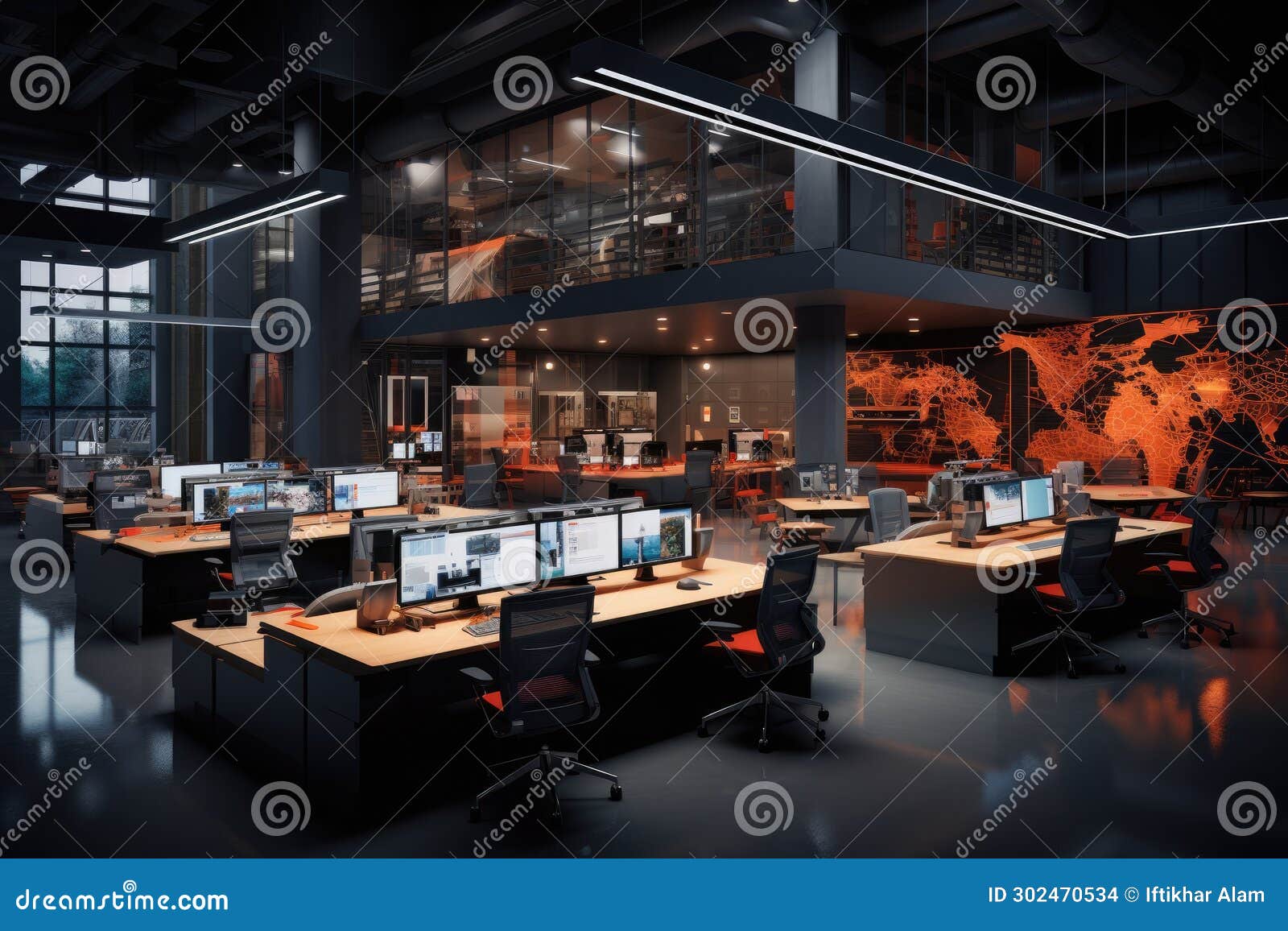 3d Rendering of Modern Office Interior. Workplace with Computers ...