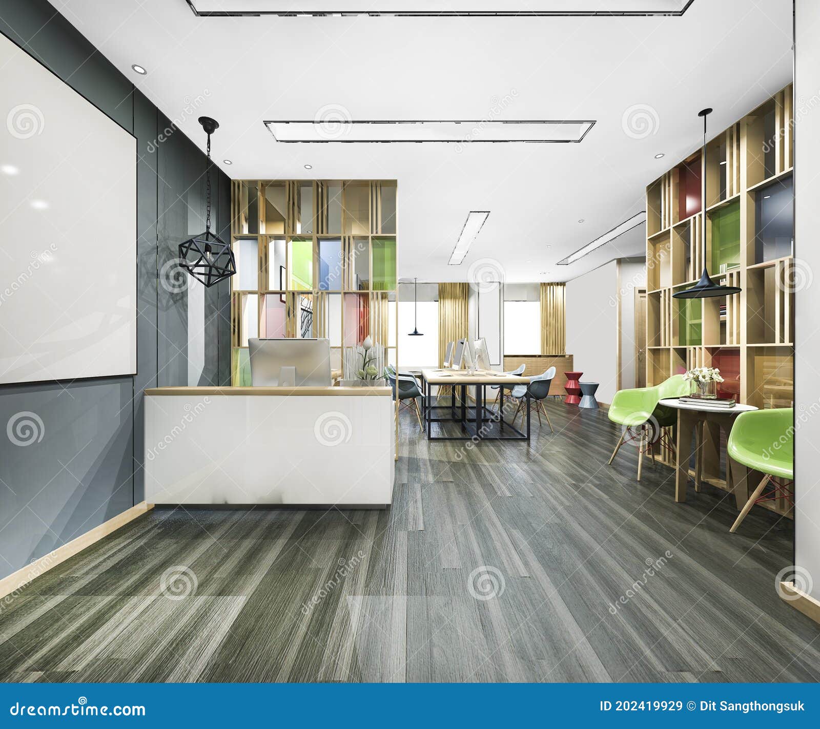 3d Rendering Modern Office Reception and Library Stock Illustration ...