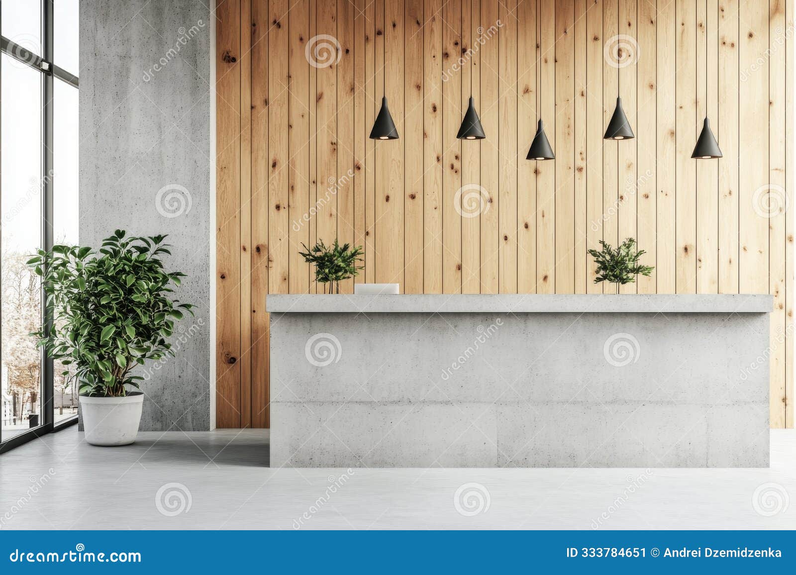 3D Rendering of a Modern Reception Area with a Wooden Panel Wall and ...