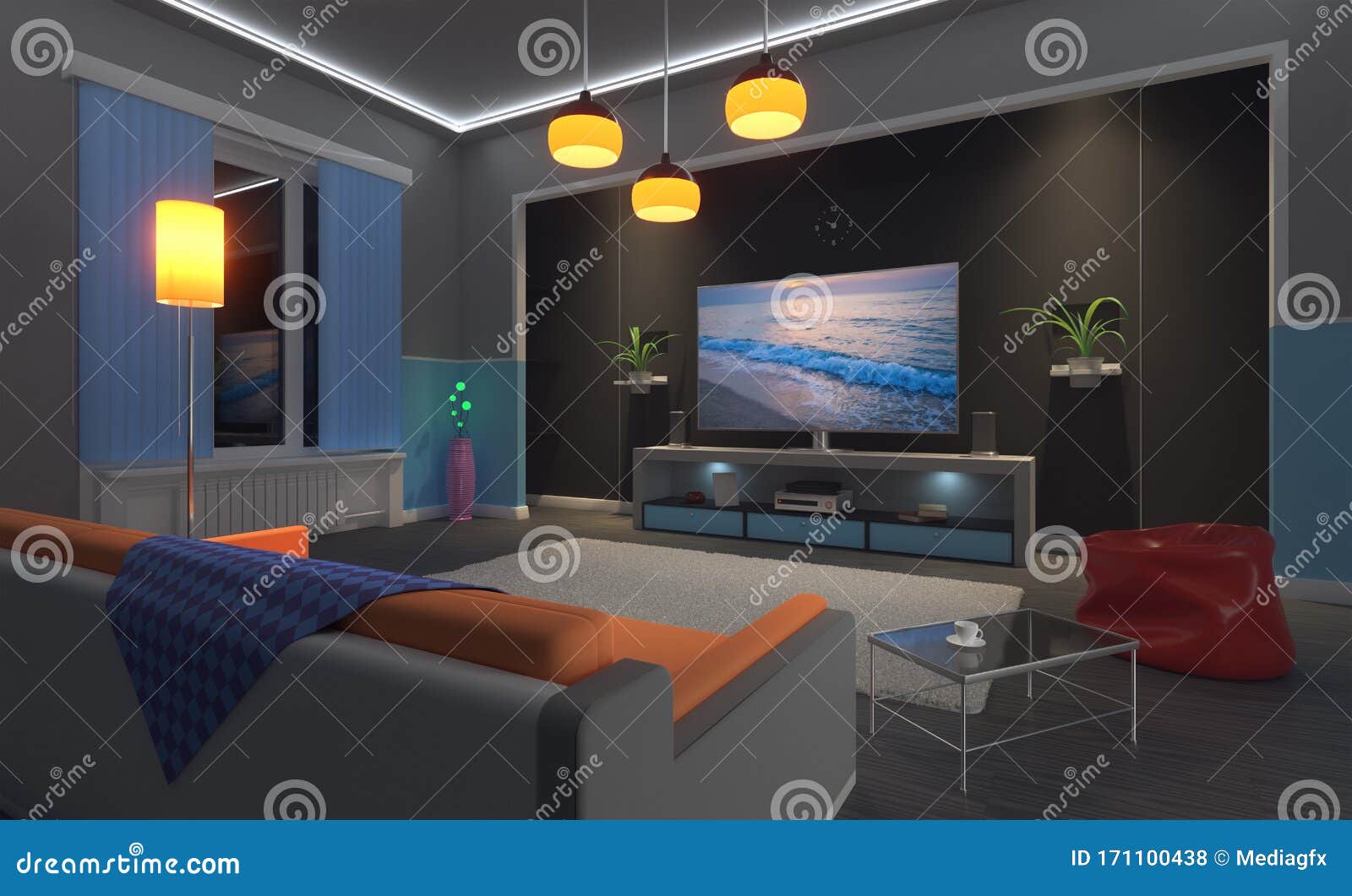 D Rendering of Modern Room Interior with TV Set and Point Lighting ...
