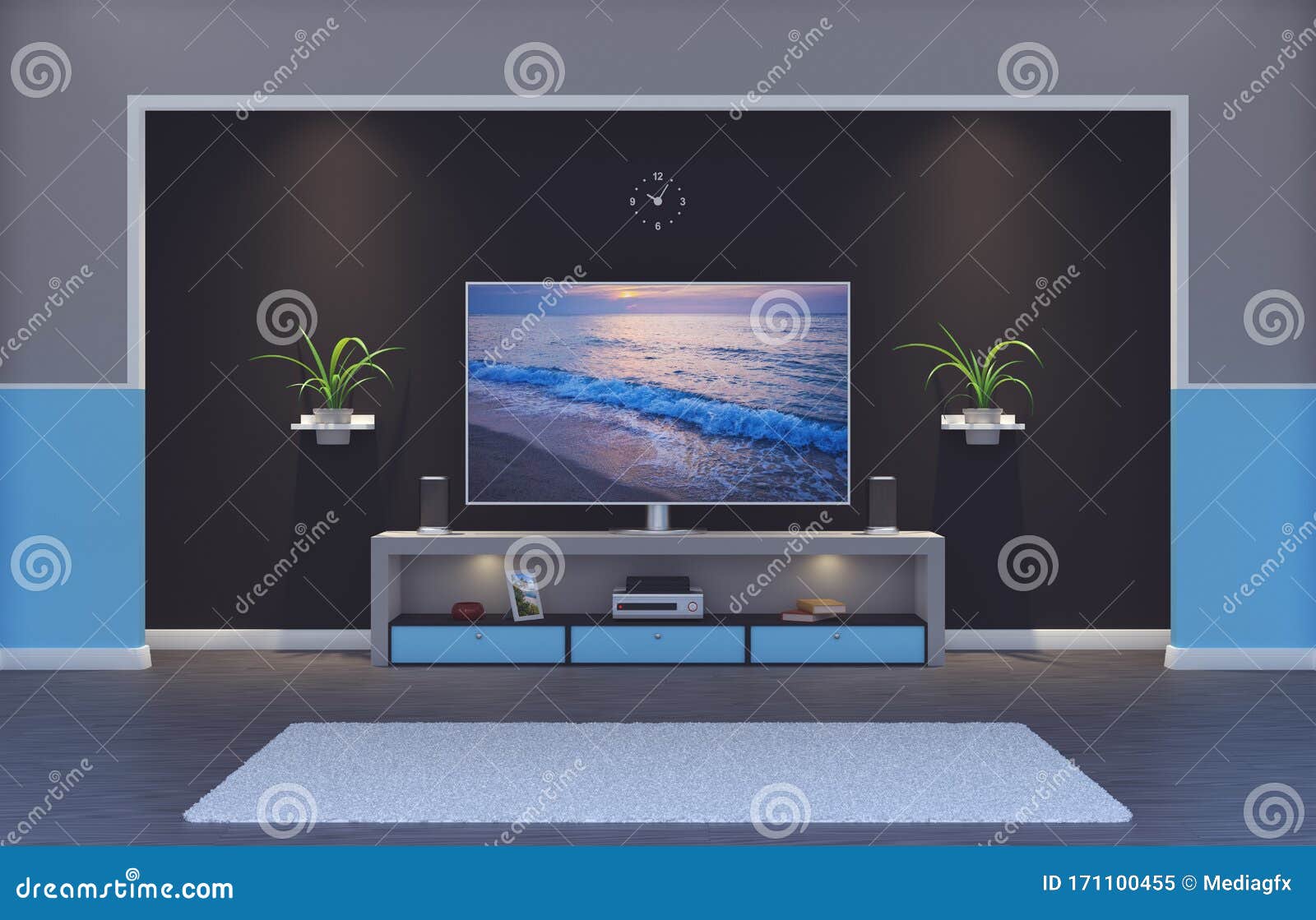 3d Rendering of Modern Room Interior with TV Set and Point Lighting ...