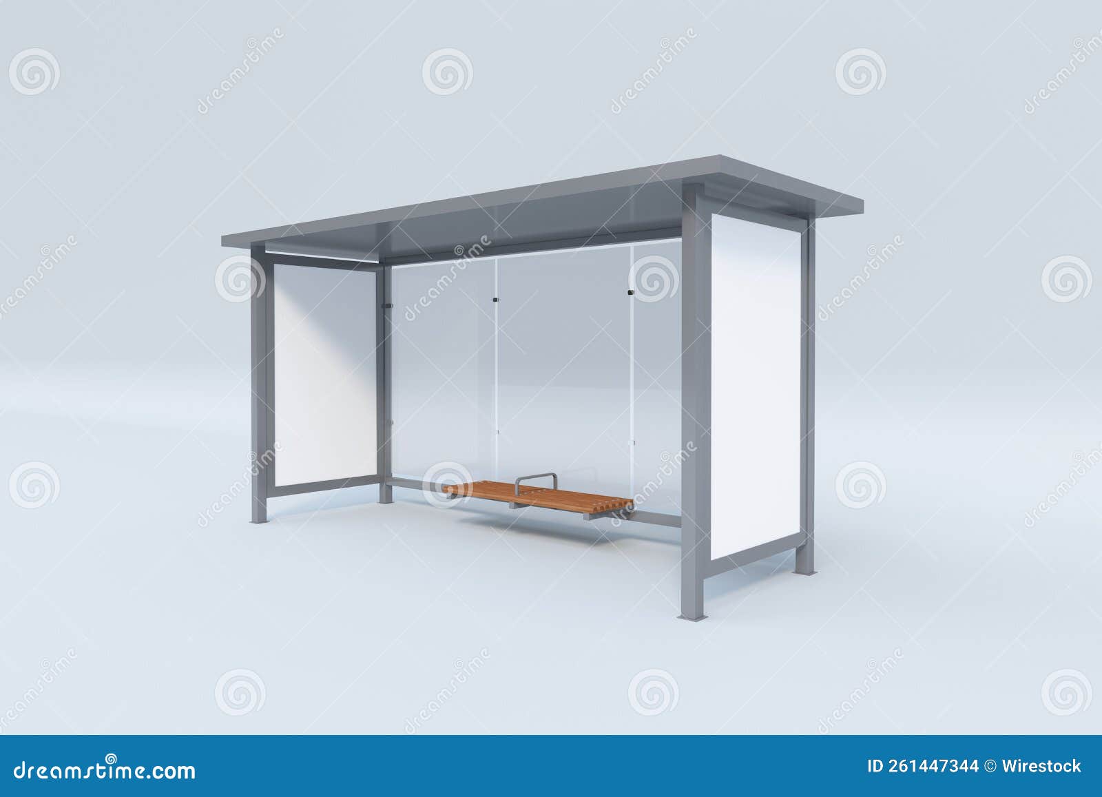 3D Rendering of a Modern Simple Bus Stop with Wooden Seats Side View on ...