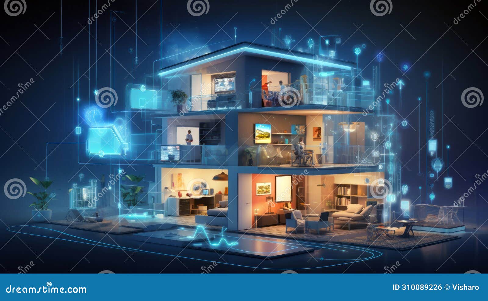 3D Rendering of a Modern Smart House on a Dark Blue Background with ...