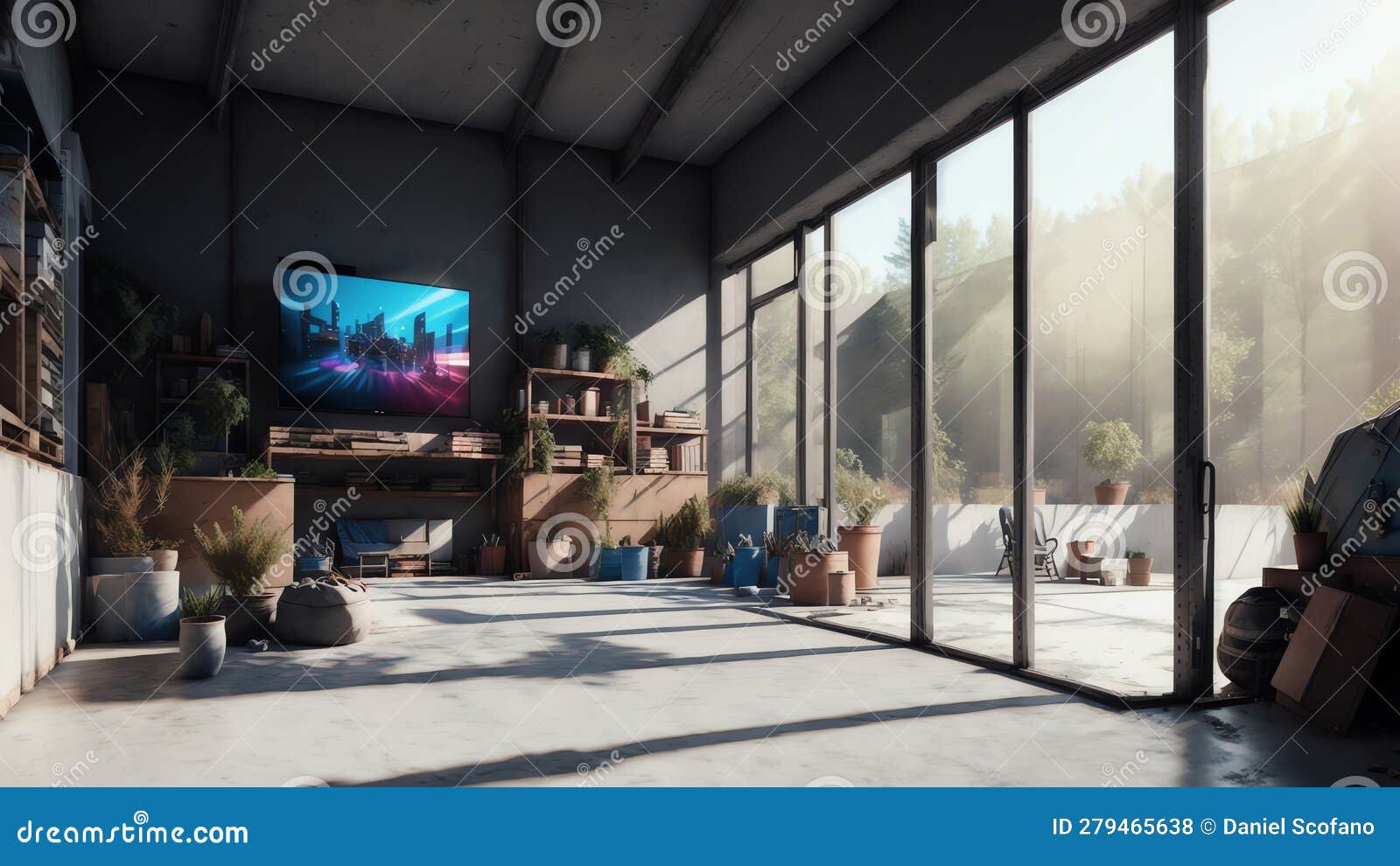 3d Rendering of a Modern. Spacious Warehouse Garage Interior with ...