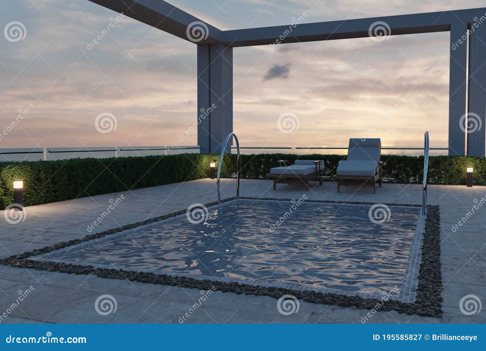3d Rendering of Modern Swimming Pool at Tiled Terrace in the Evening ...