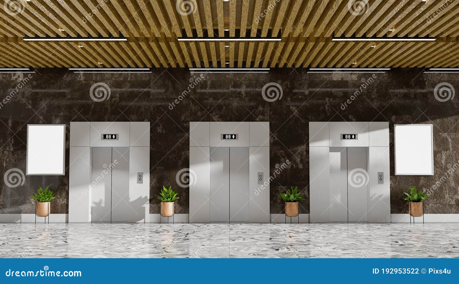 3D Rendering Modern Three Steel Elevator with Board and Plant Stock ...
