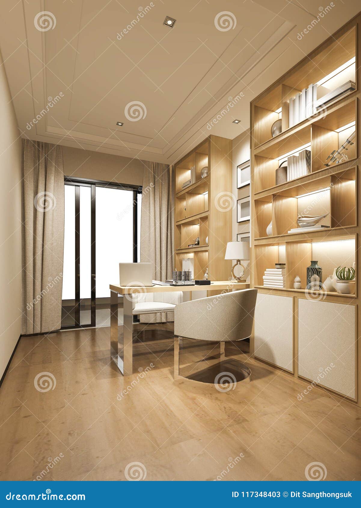 3d Rendering Modern Wood Luxury Working Room Stock Illustration ...