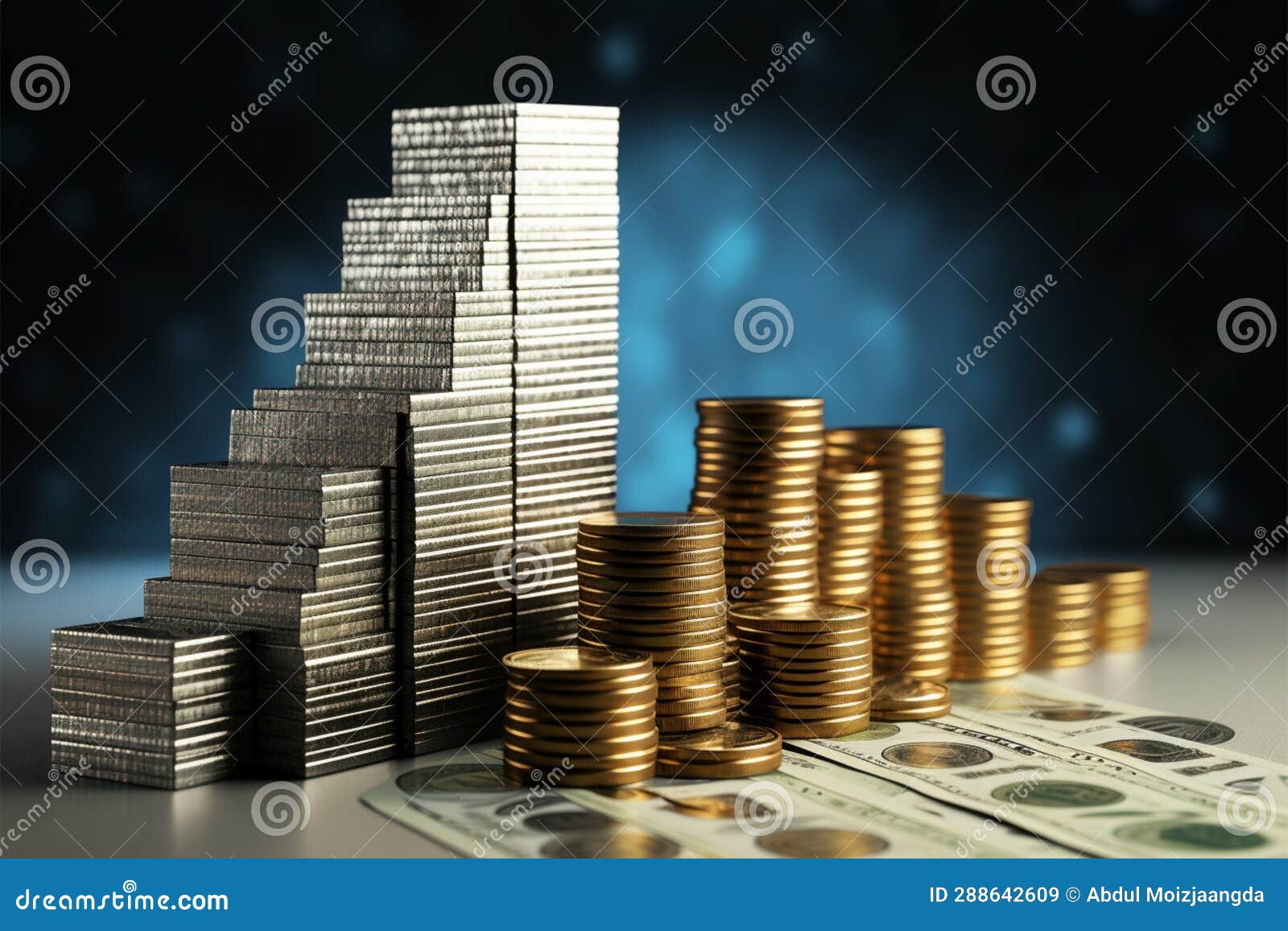 3D Rendering, Money Stacks Transform into a Business Chart with Arrows ...