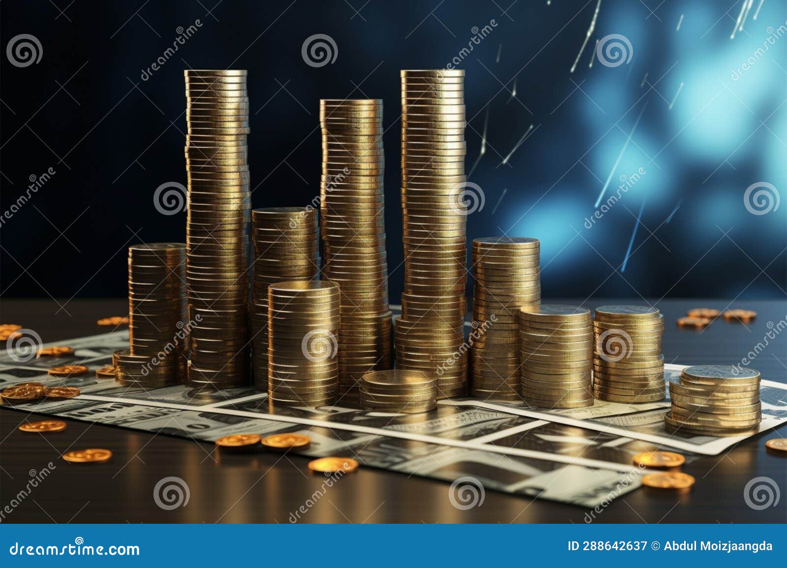 3D Rendering, Money Stacks Transform into a Business Chart with Arrows ...