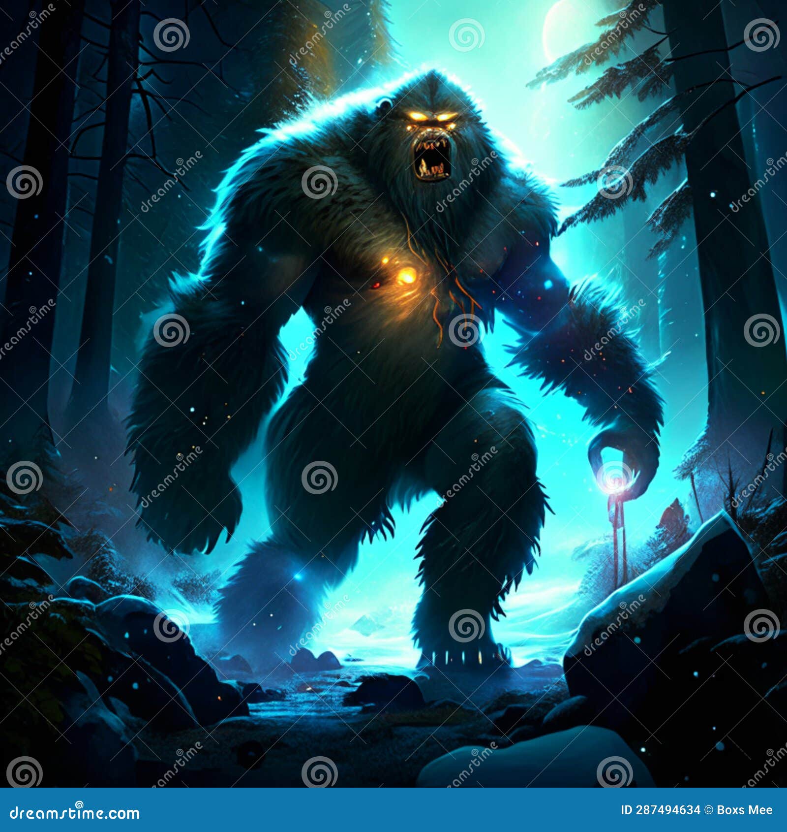 3D Rendering of a Monster in a Snowy Forest at Night. Generative AI ...