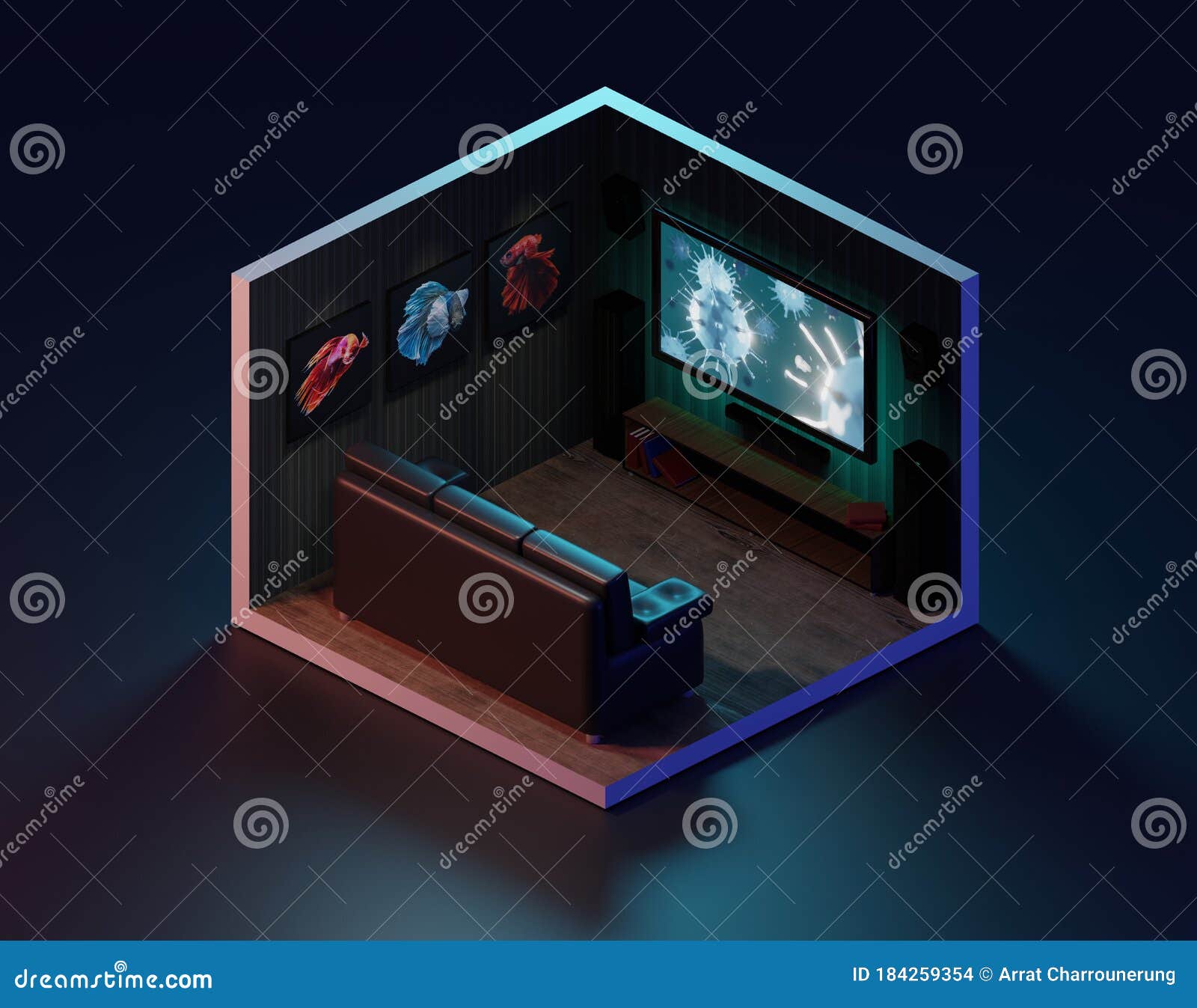 3d Rendering Movie Room Isometric., 3d Illustration Stock Illustration ...
