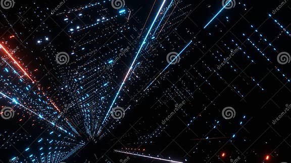 3D Rendering of Neon Glow Led Dots and Lines, Traversing and Navigating Inside Abstract ...