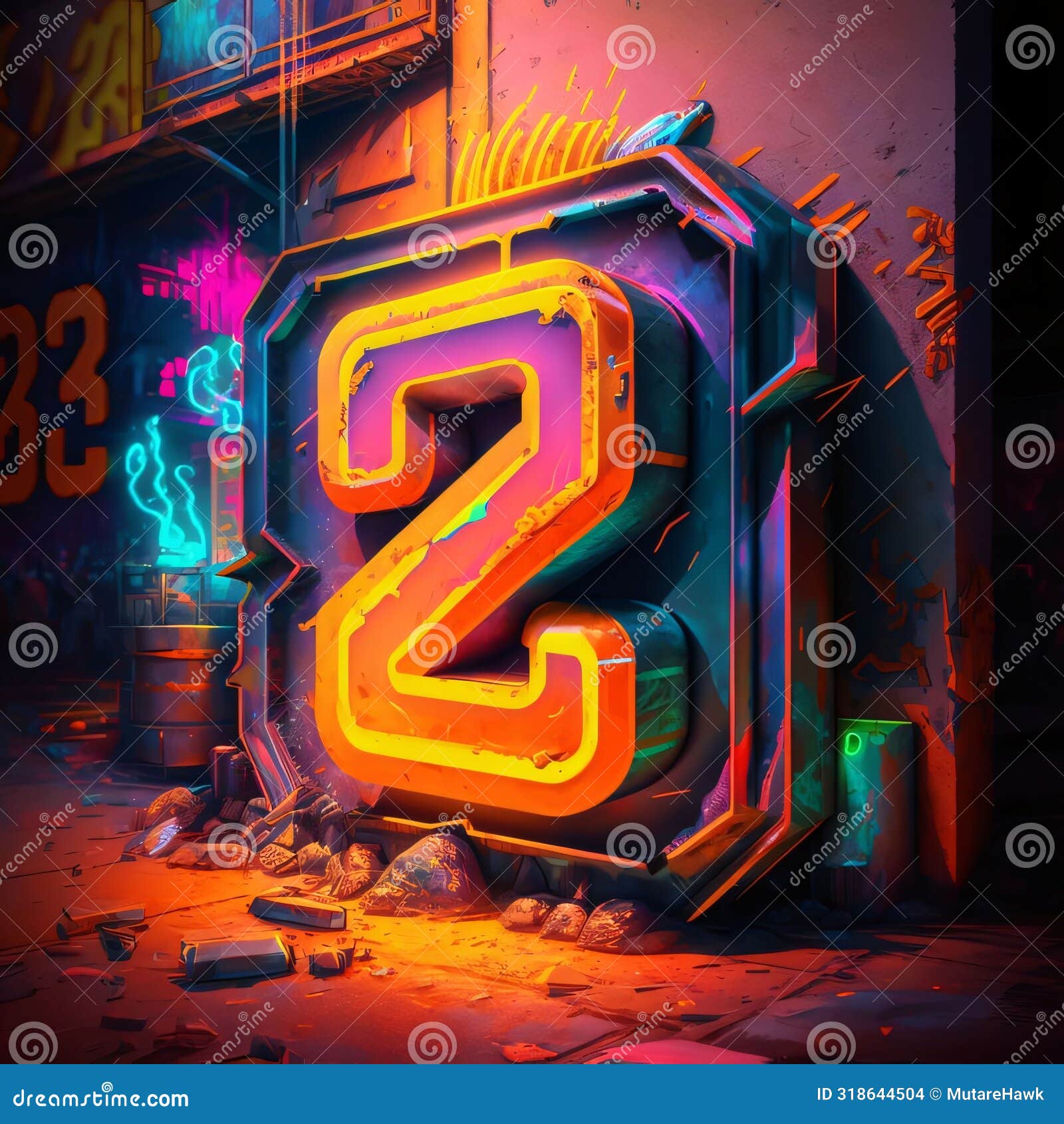 3d Rendering of Neon Number Two in an Abandoned Building with Graffiti ...