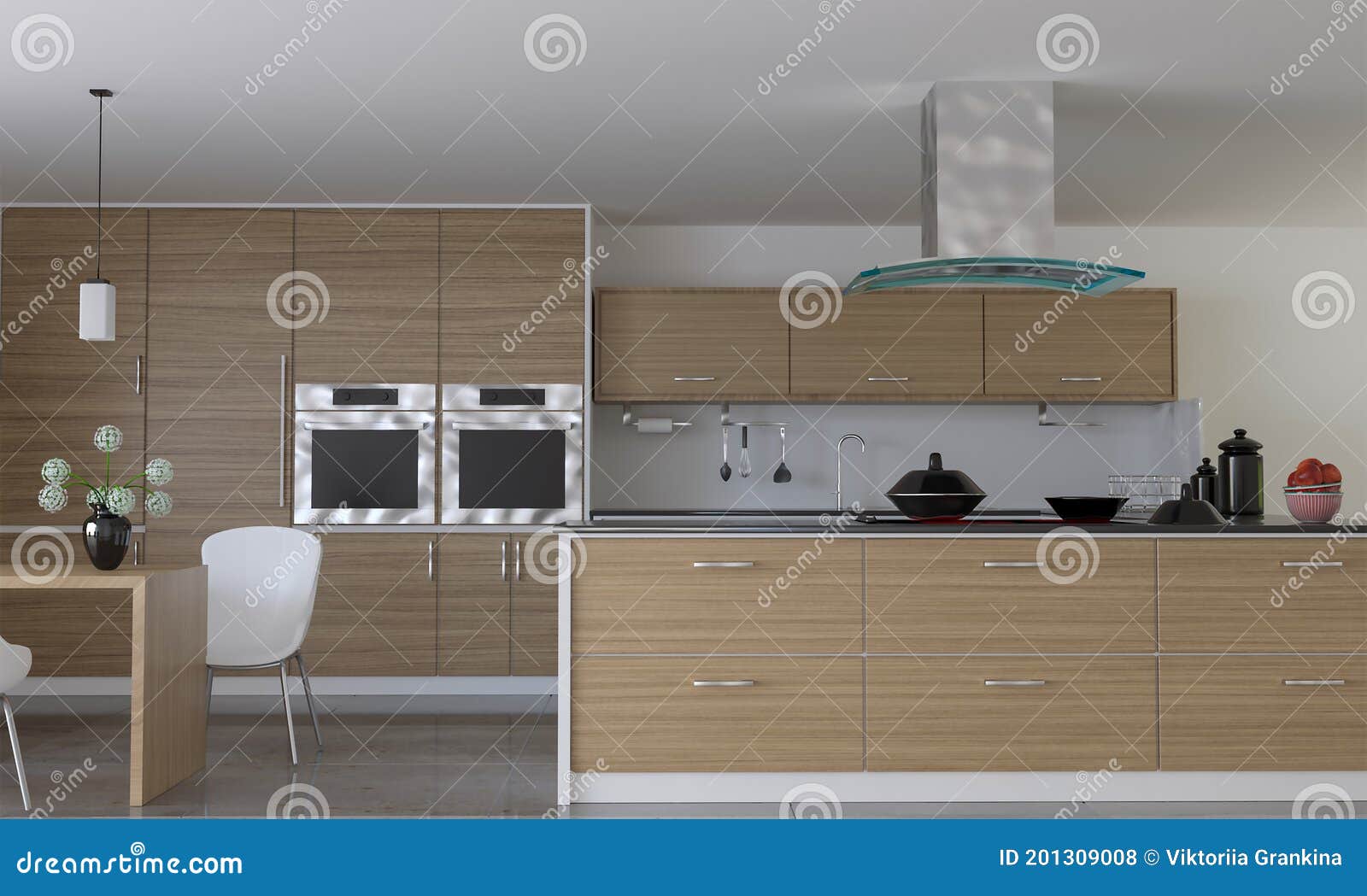 3d Rendering of New Wooden Kitchen Cabinet Stock Illustration ...