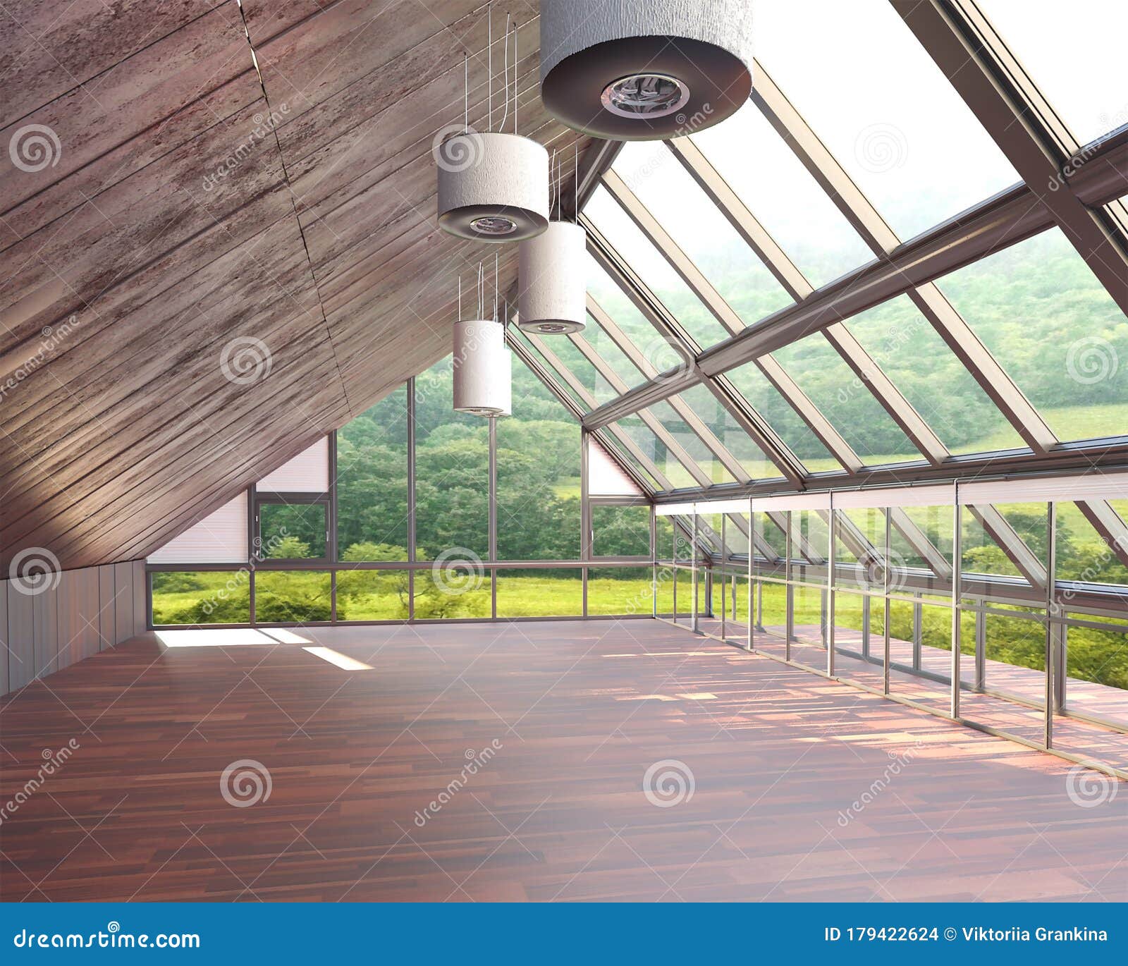 3d Rendering of New Wooden Loft Interior with Large Windows Stock ...