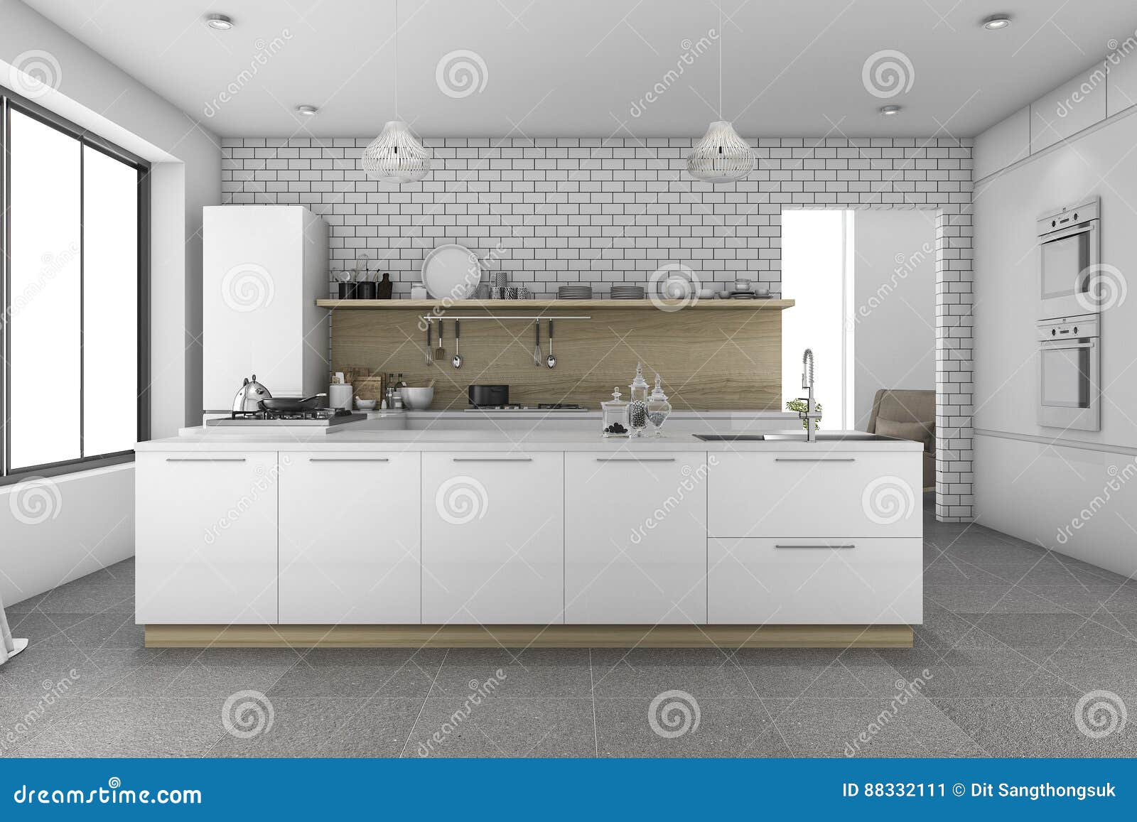 3d Rendering Nice Tile Kitchen with Brick Wall Stock Illustration ...