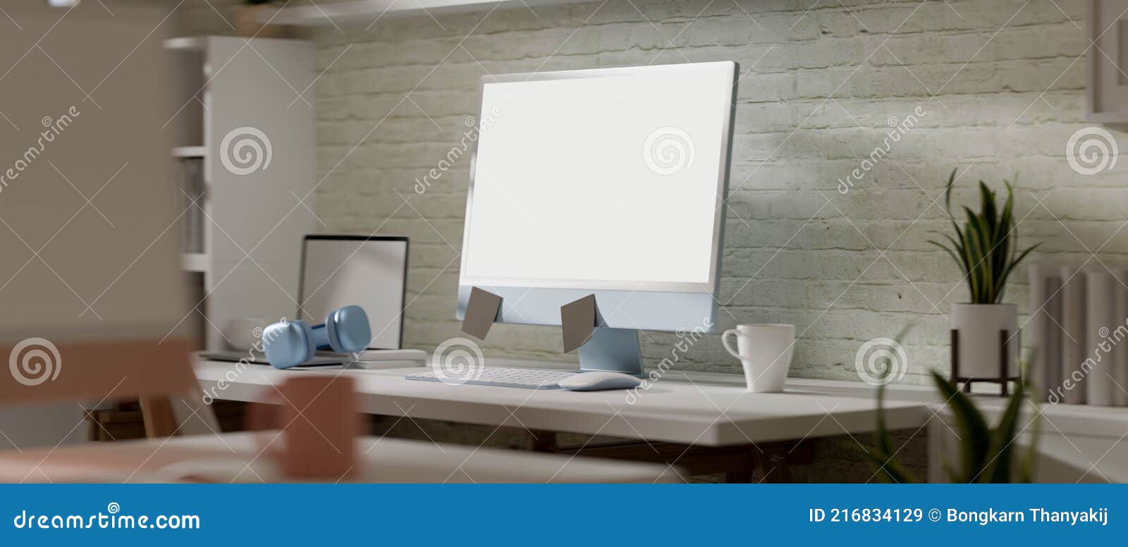 3D Rendering, Office Desk with Computer, Laptop, Supplies and ...